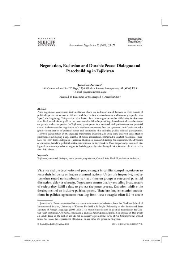 (PDF) Negotiation, Exclusion and Durable Peace: Dialogue and ...