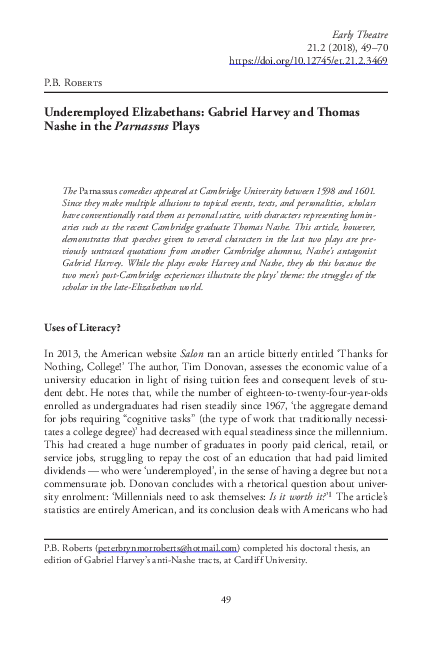 (PDF) Underemployed Elizabethans: Gabriel Harvey and Thomas Nashe in ...