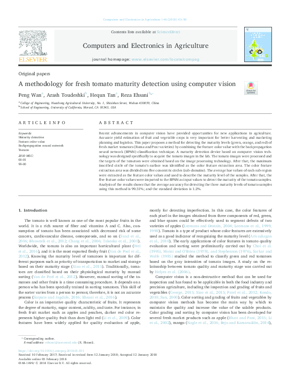 Pdf A Methodology For Fresh Tomato Maturity Detection Using Computer