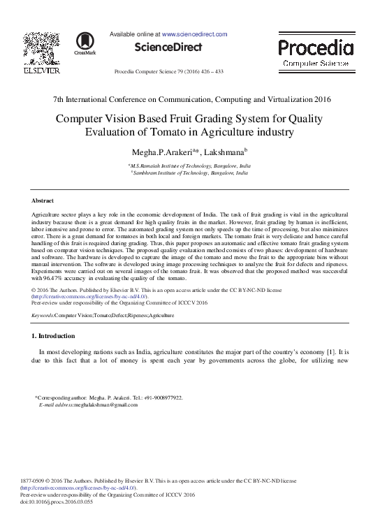 (PDF) Computer Vision Based Fruit Grading System for Quality Evaluation of Tomato in Agriculture ...