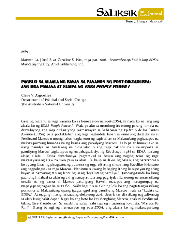(PDF) Pagbuo sa alaala ng bayan sa panahon ng post-diktadurya: Ang mga pamana at sumpa ng EDSA ...