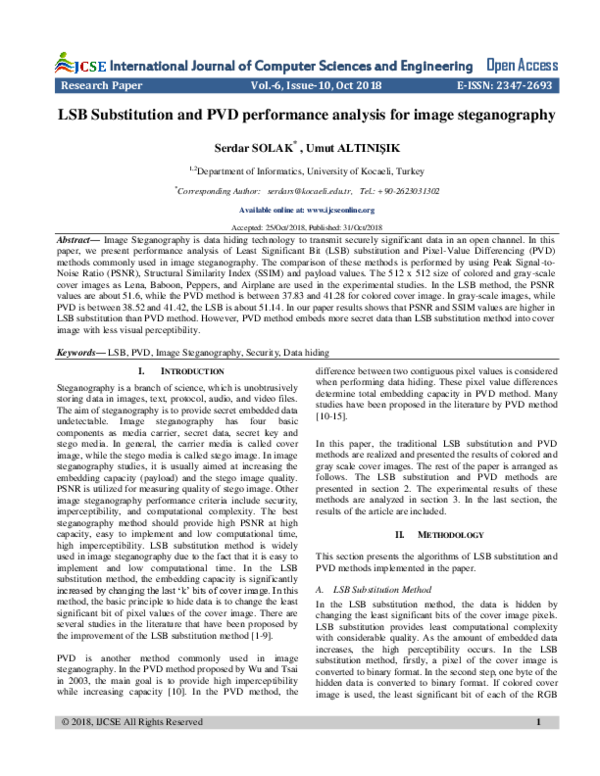 (PDF) LSB Substitution and PVD performance analysis for image steganography