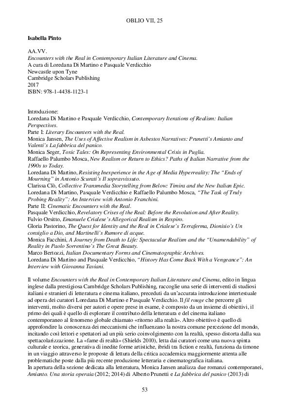 (PDF) Recensione: Isabella Pinto, AA.VV. Encounters with the Real in ...