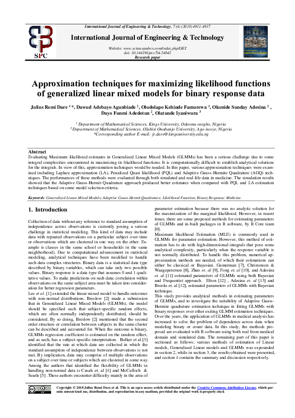 Pdf Approximation Techniques For Maximizing Likelihood Function Of Generalized Linear Mixed