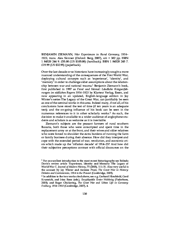 (PDF) Matthew Stibbe: review of Benjamin Ziemann, War Experiences in ...