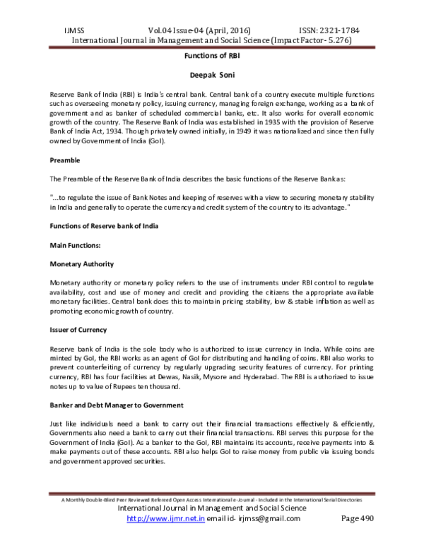 (PDF) Functions of RBI