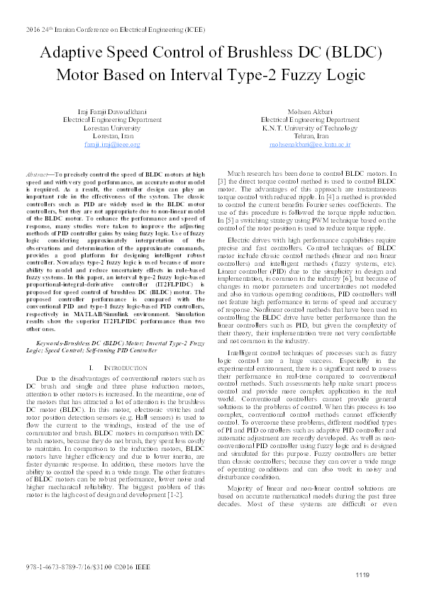 Pdf Adaptive Speed Control Of Brushless Dc Bldc Motor Based On Interval Type 2 Fuzzy Logic