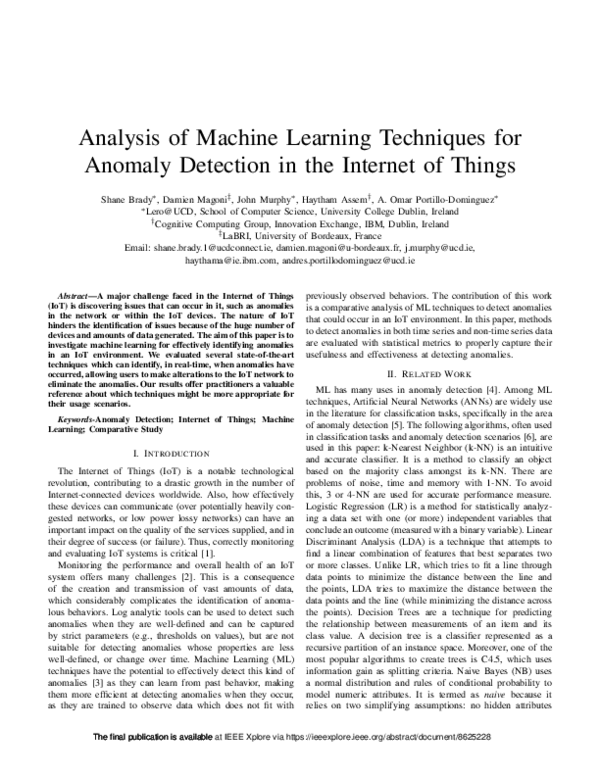 (PDF) Analysis of Machine Learning Techniques for Anomaly Detection in the Internet of Things
