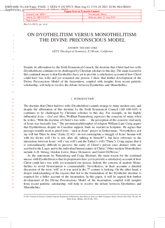 (PDF) Loke, Andrew. ‘On Dyothelitism versus Monothelitism: the Divine ...