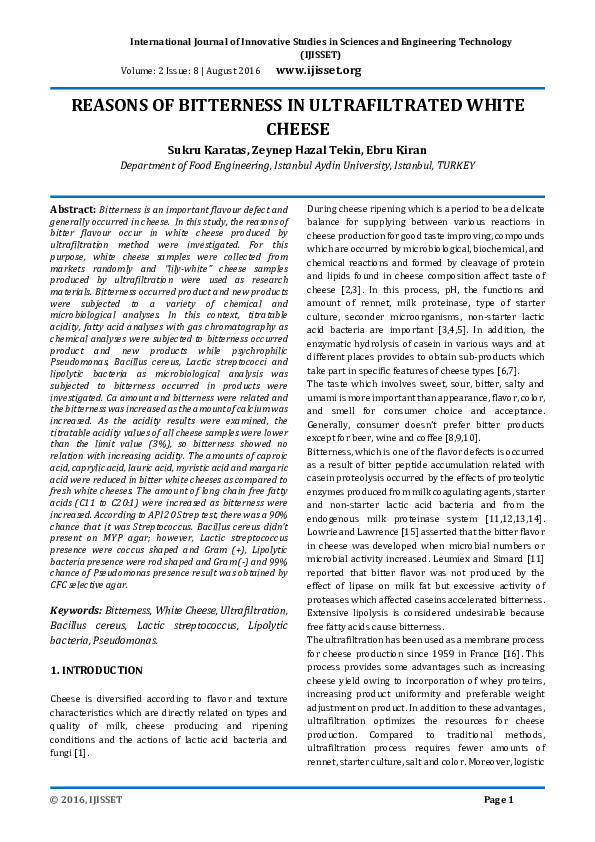 (PDF) REASONS OF BITTERNESS IN ULTRAFILTRATED WHITE CHEESE
