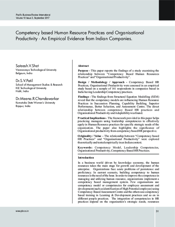 (PDF) Competency based Human Resource Practices and Organisational Productivity - An Empirical ...