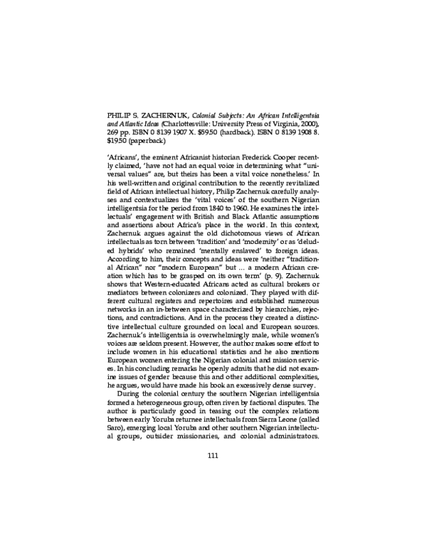 (PDF) Andreas Eckert: review of Philip S. Zachernuk, Colonial Subjects ...