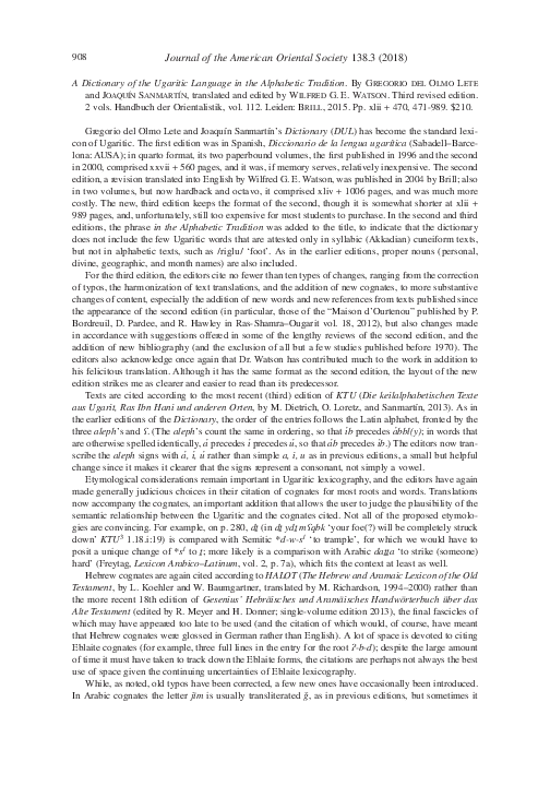 (PDF) 2018 Review of Dictionary of the Ugaritic Language 3rd ed.