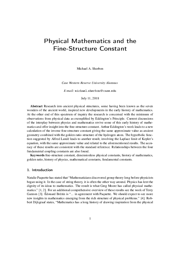 (PDF) Physical Mathematics and the Fine-Structure Constant
