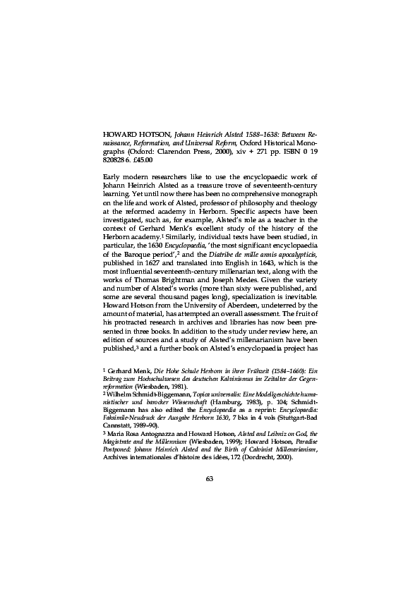 (PDF) Helmut Zedelmaier: review of Howard Hotson, Johann Heinrich ...