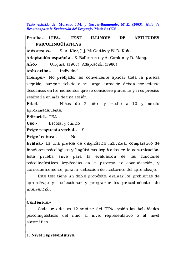 (DOC) ITPA (Test Illinois Aptitudes Psicolingüísticas)