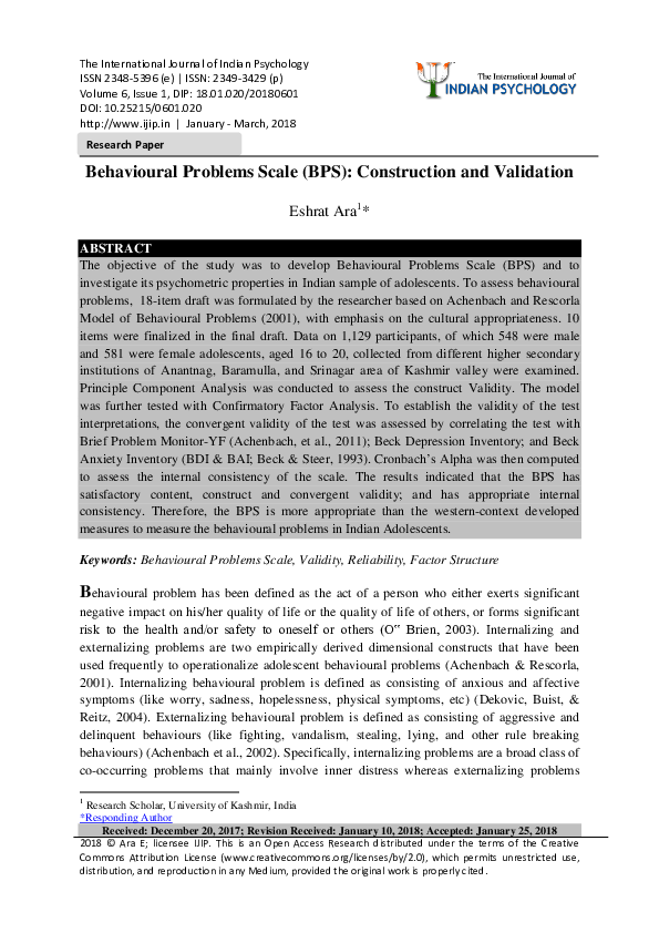 Pdf Behavioural Problems Scale Bps Construction And Validation