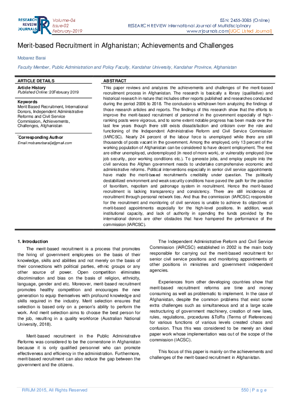 (PDF) Merit-based Recruitment in Afghanistan; Achievements and ...