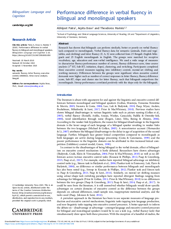 (PDF) Performance difference in verbal fluency in bilingual and ...