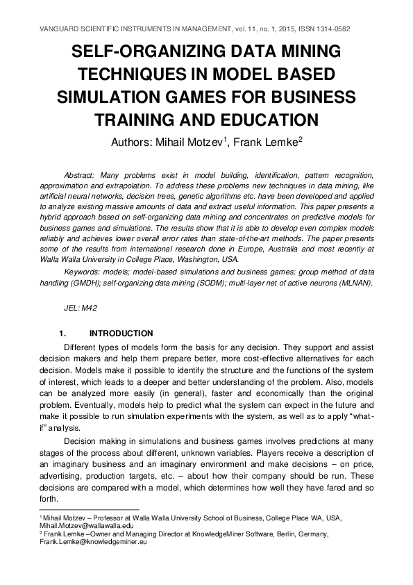 Pdf Self Organizing Data Mining Techniques In Model Based Simulation Games For Business