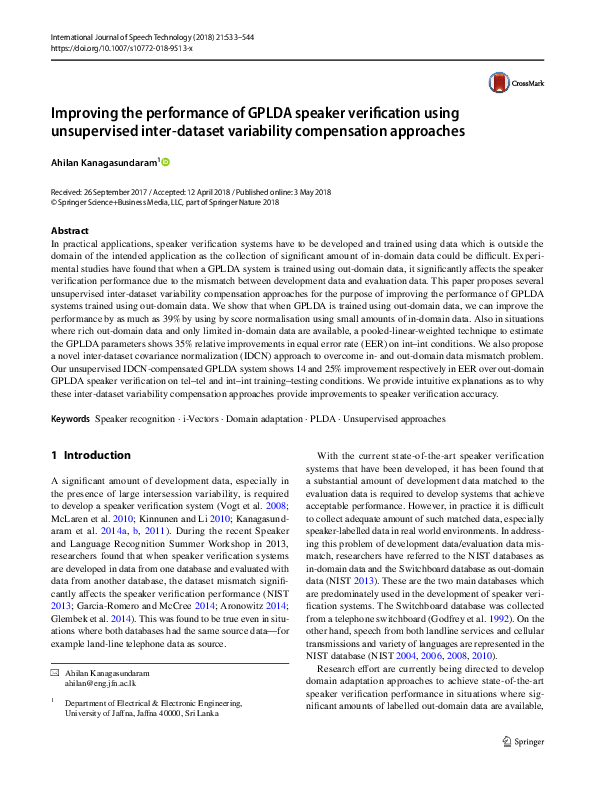 Pdf Improving The Performance Of Gplda Speaker Verification Using Unsupervised Inter‑dataset
