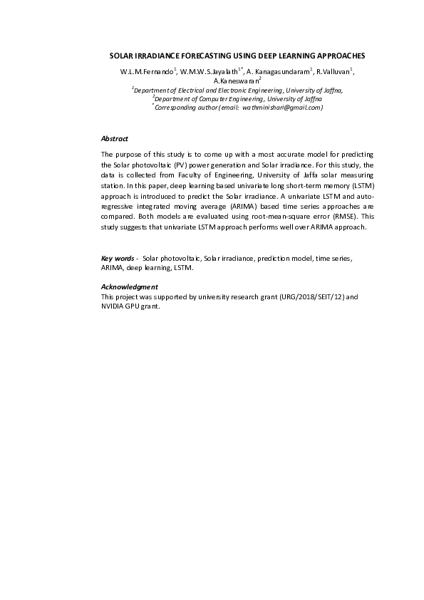 Pdf Solar Irradiance Forecasting Using Deep Learning Approaches