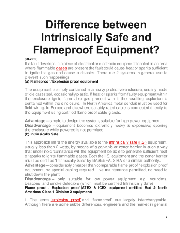 (DOC) Difference between Intrinsically Safe and Flameproof Equipment
