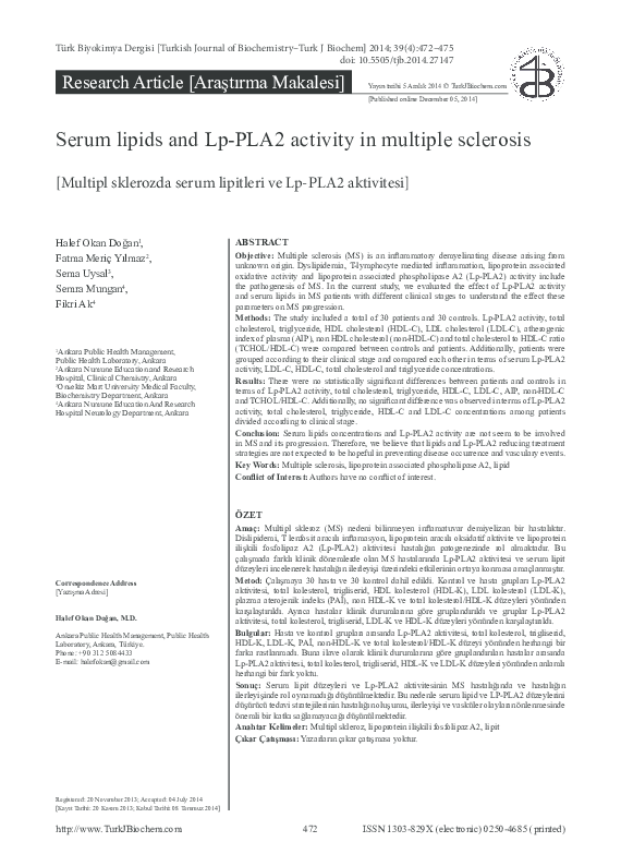 (PDF) Serum lipids and Lp-PLA2 activity in multiple sclerosis. HO Doğan, FM Yılmaz, S Uysal, S ...