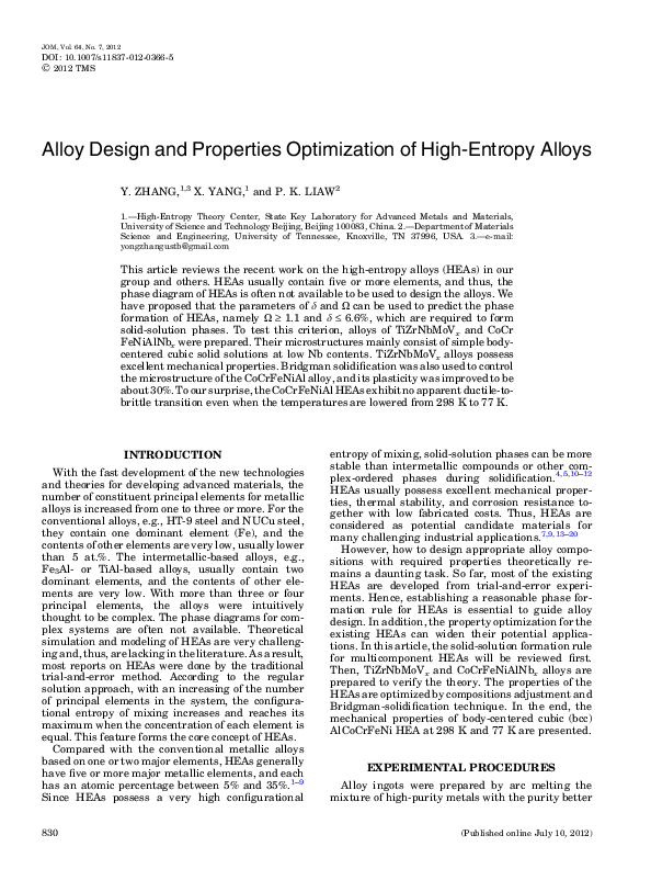 (PDF) Alloy Design and Properties Optimization of High-Entropy Alloys (PDF) Alloy Design and Properties Optimization of High-Entropy Alloys