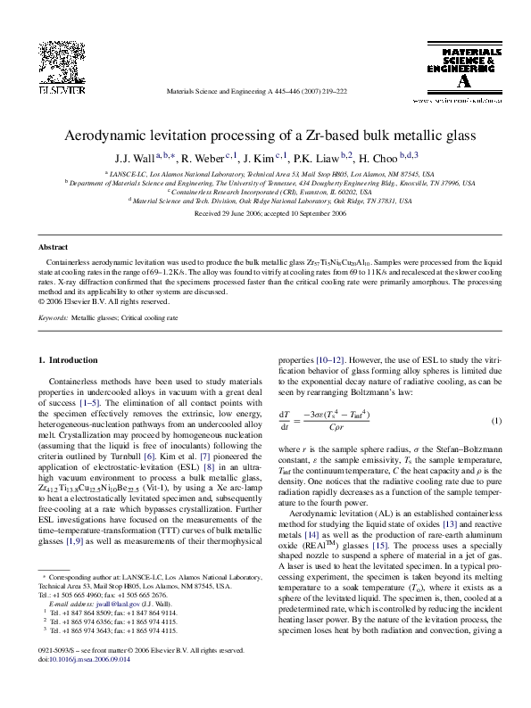 (PDF) Aerodynamic levitation processing of a Zr-based bulk metallic glass