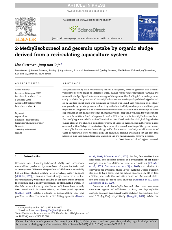 (PDF) MIB and geosmin uptake by organic sludge derived from a ...