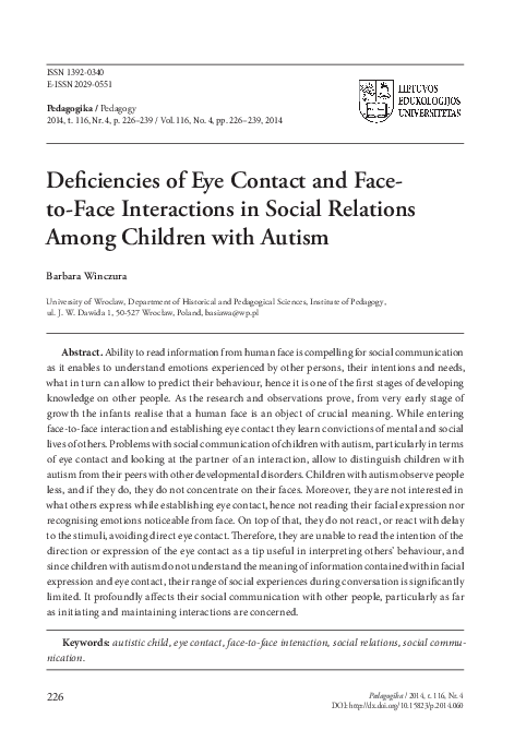 (PDF) Deficiencies of Eye Contact and Face- to-Face Interactions in ...