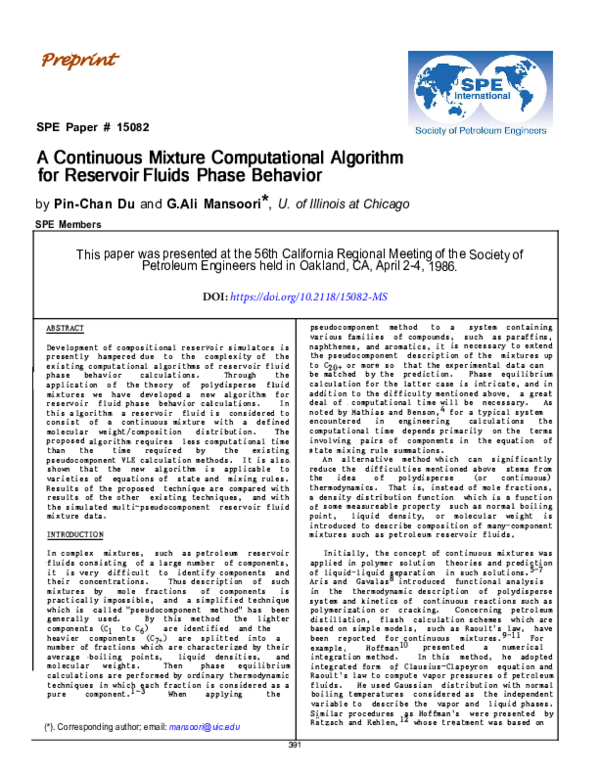Pdf A Continuous Mixture Computational Algorithm For Reservoir Fluids