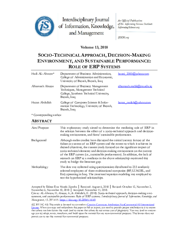 (PDF) SOCIO-TECHNICAL APPROACH, DECISION-MAKING ENVIRONMENT, AND ...