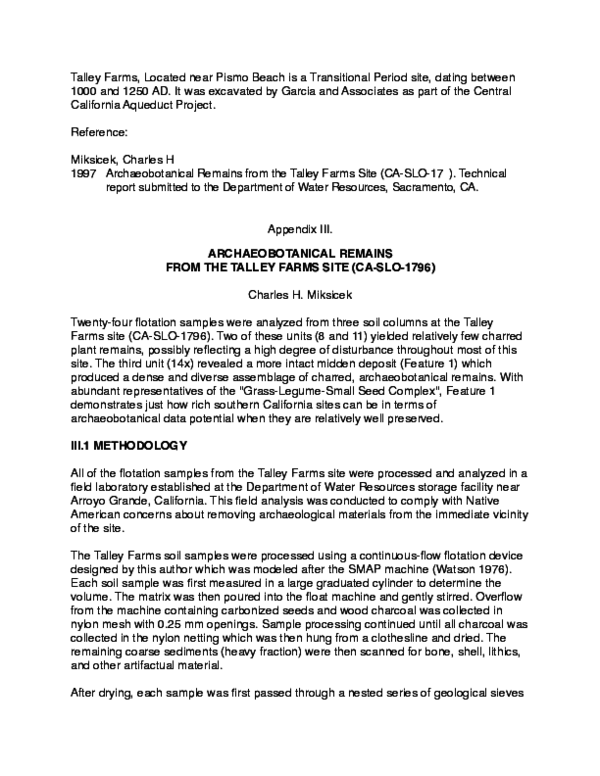 (PDF) ARCHAEOBOTANICAL REMAINS FROM THE TALLEY FARMS SITE (CA-SLO-1796)