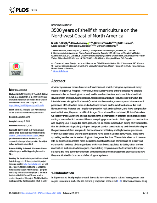 (PDF) 3500 years of shellfish mariculture on the Northwest Coast of ...