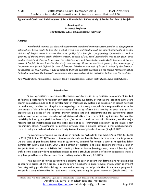 (PDF) Agricultural Credit and Indebtedness of Rural Households: A Case ...