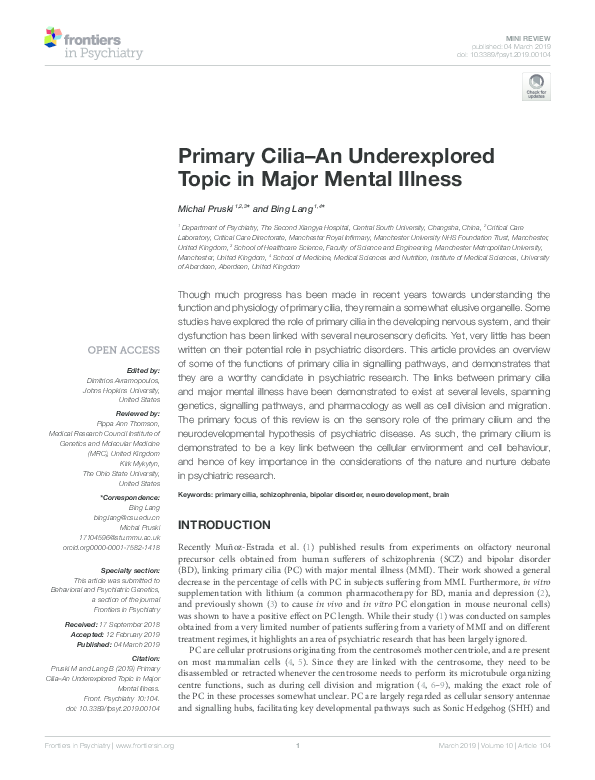 (PDF) Primary Cilia–An Underexplored Topic in Major Mental Illness
