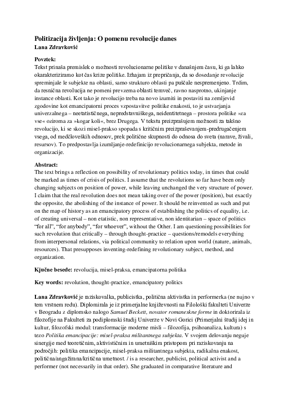 (PDF) Politizacija življenja: O pomenu revolucije danes / Politization ...