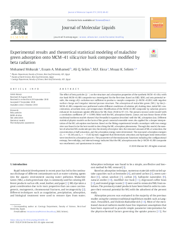 (PDF) Experimental results and theoretical statistical modeling of malachite green adsorption ...