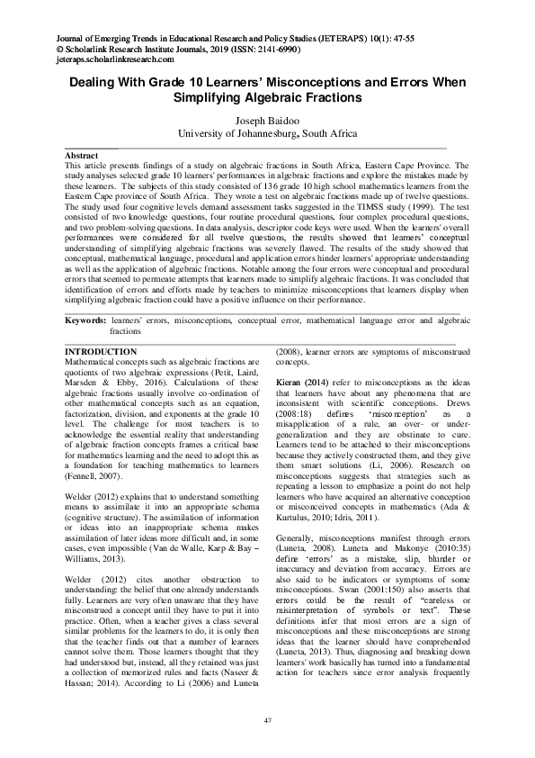 (PDF) Dealing With Grade 10 learners' misconceptions and errors when simplifying Algebraic fractions