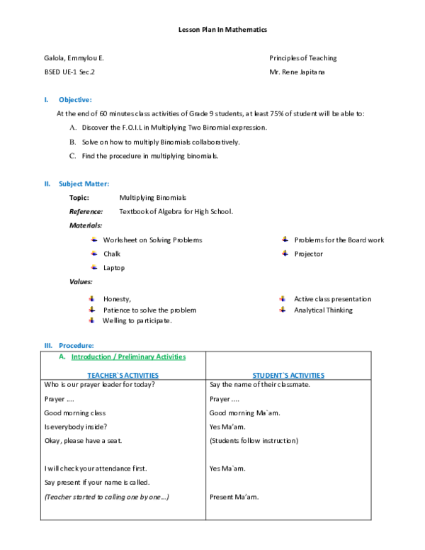 (DOC) Lesson Plan In Mathematics