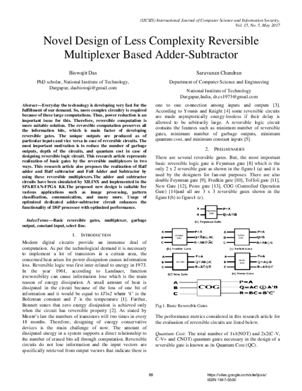 Pdf Novel Design Of Less Complexity Reversible Multiplexer Based Adder Subtractor Saravanan