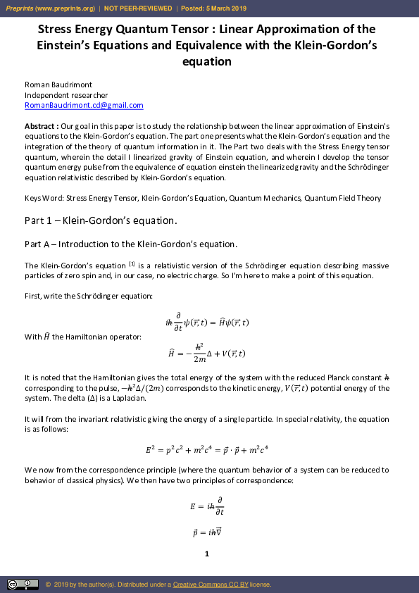 (PDF) Stress Energy Quantum Tensor : Linear Approximation of the ...
