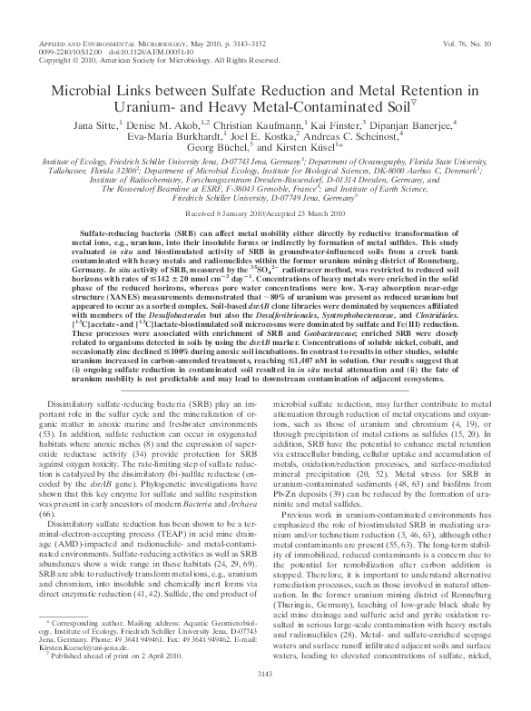 (PDF) Microbial Links between Sulfate Reduction and Metal Retention in ...