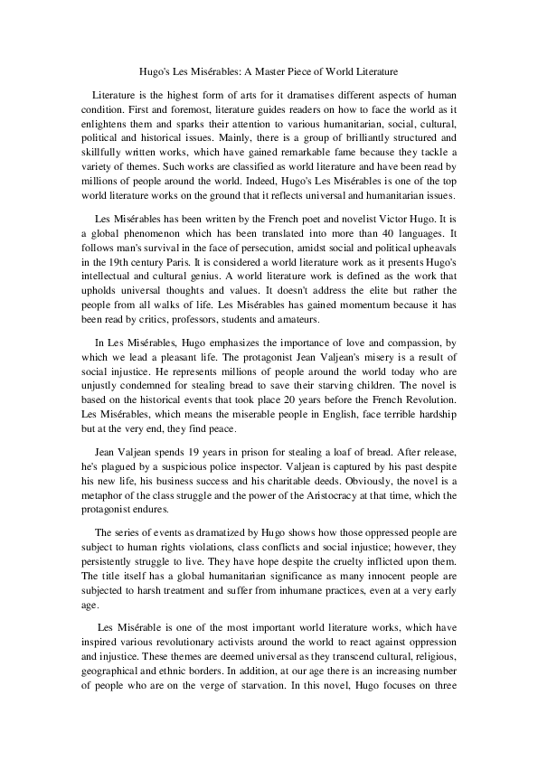 (DOC) Hugo's Les Misérables: A Master Piece of World Literature