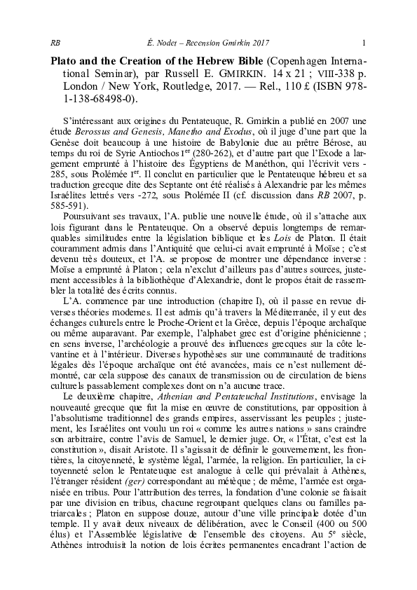 (PDF) Plato and the Creation of the Hebrew Bible