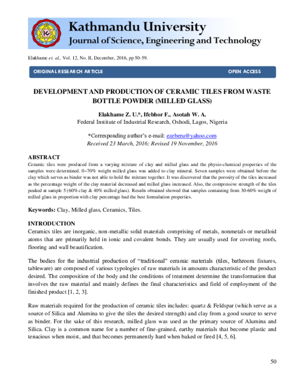 (PDF) DEVELOPMENT AND PRODUCTION OF CERAMIC TILES FROM WASTE BOTTLE ...