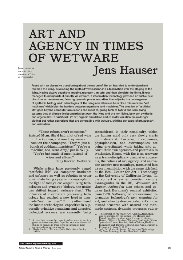 (PDF) Art and Agency in Times of Wetware