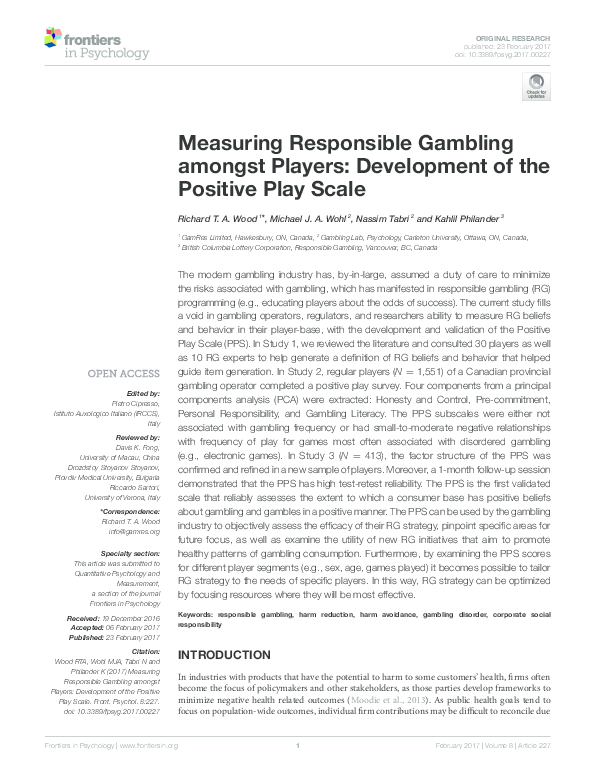 (PDF) Measuring responsible gambling amongst players: Development of ...